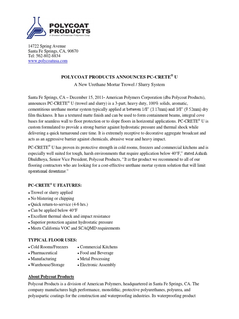 Polycoat Announce New Product For Waterproofing | PDF | Polyurethane ...
