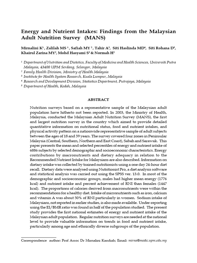 Malaysian Adult Nutrition Survey Results | PDF | Nutrients | Nutrition