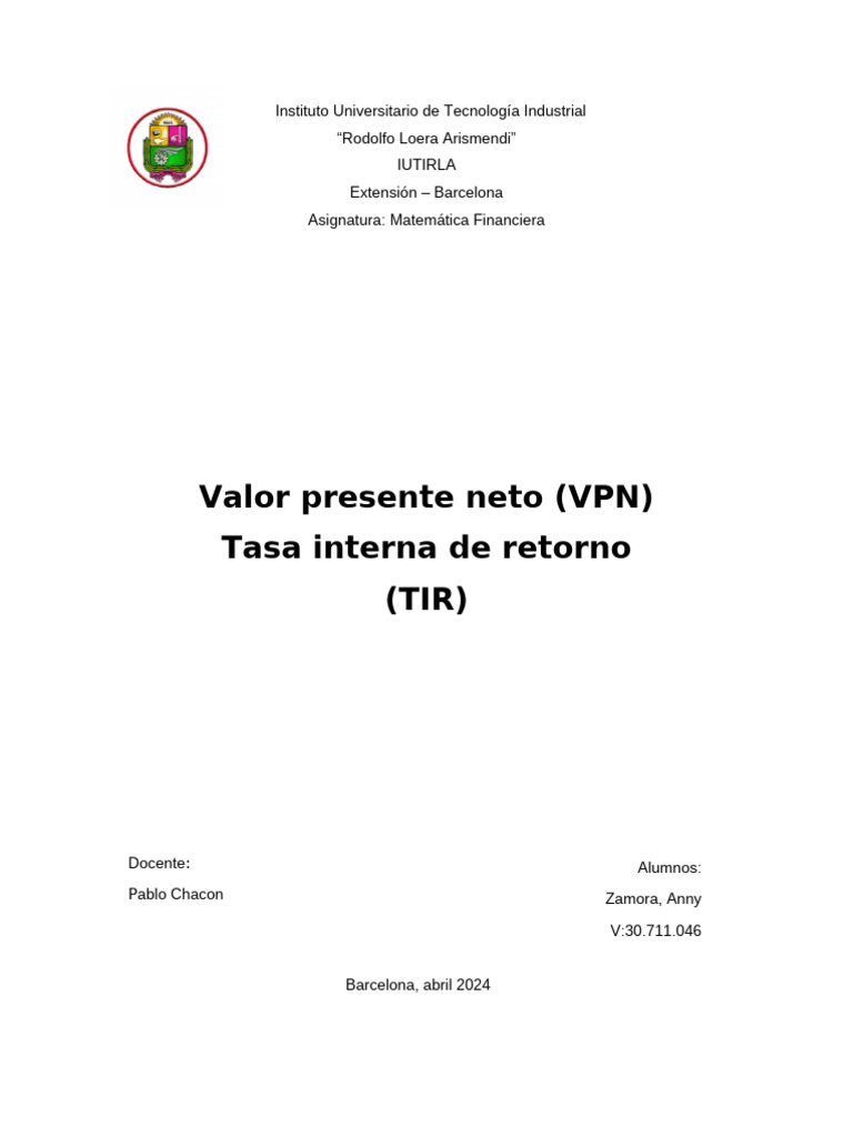 Valor Presente Neto y Tasa Interna de Retorno | PDF | Tasa interna de retorno | Estudio de ...