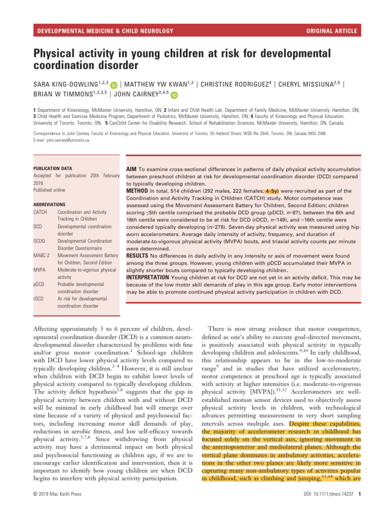 Physical Activity in Young Children at Risk for DCD | PDF | Cohort ...