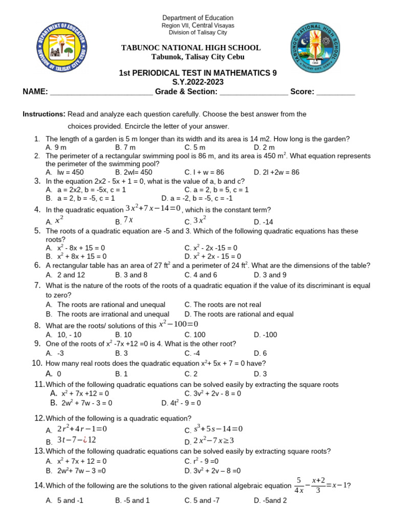 Math 9 (Q1) Periodical Exam | PDF | Quadratic Equation | Algebra