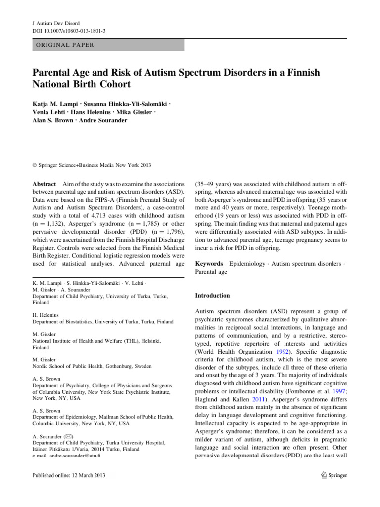 2013 - Parental Age and Risk of Autism Spectrum Disorders in A Finnish ...
