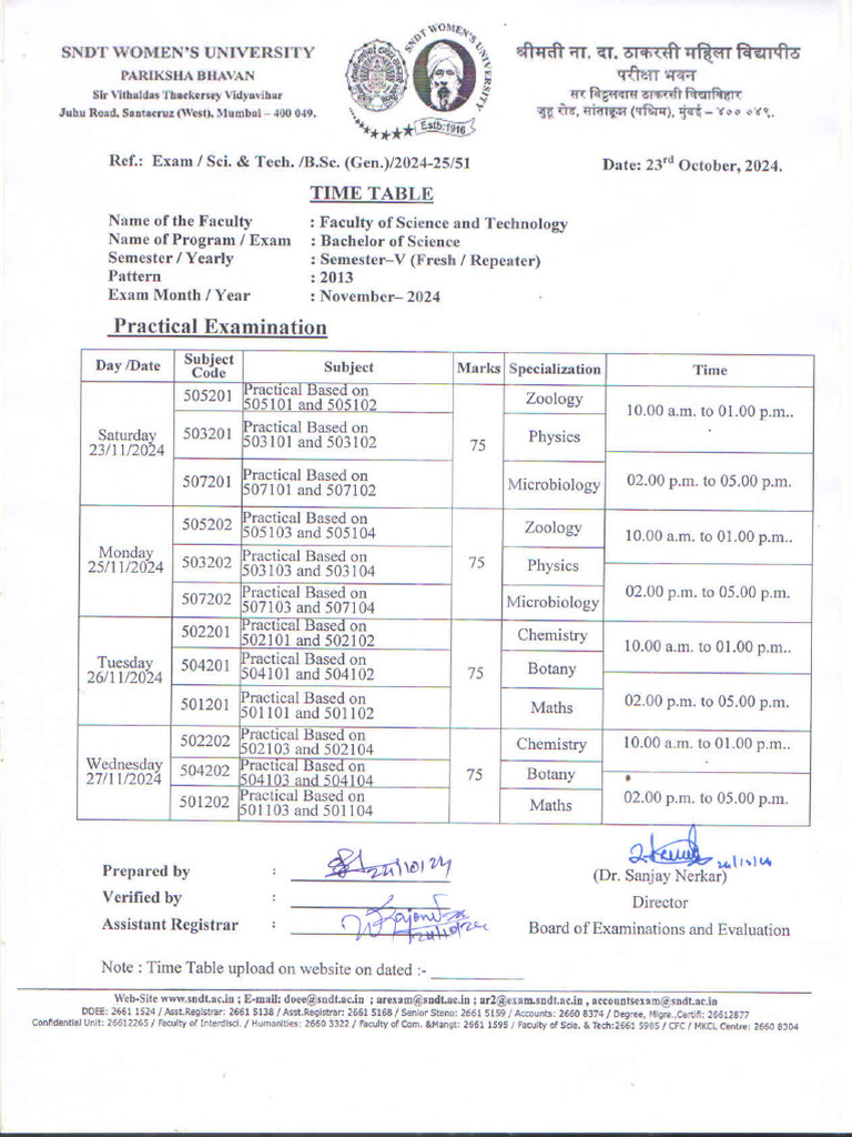 B.SC Gen Sem V Practical Time Table NovDec 24 | PDF