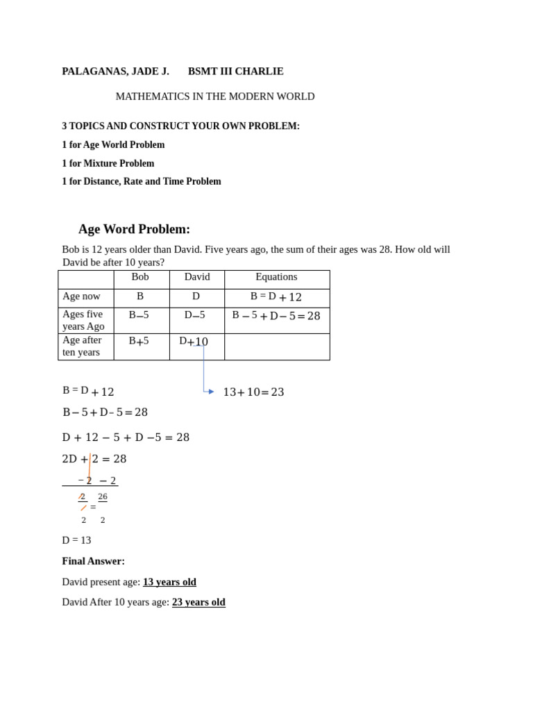 Solving: Age Word Problem/Mixture Problem and Distance, Rate and Time Problem. | PDF | Mathematics