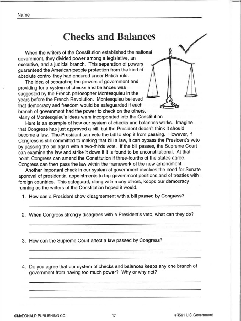 Checks & Balances Worksheet | PDF