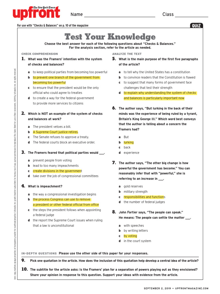 Checks & Balances Article Quiz Done | PDF | Separation Of Powers ...