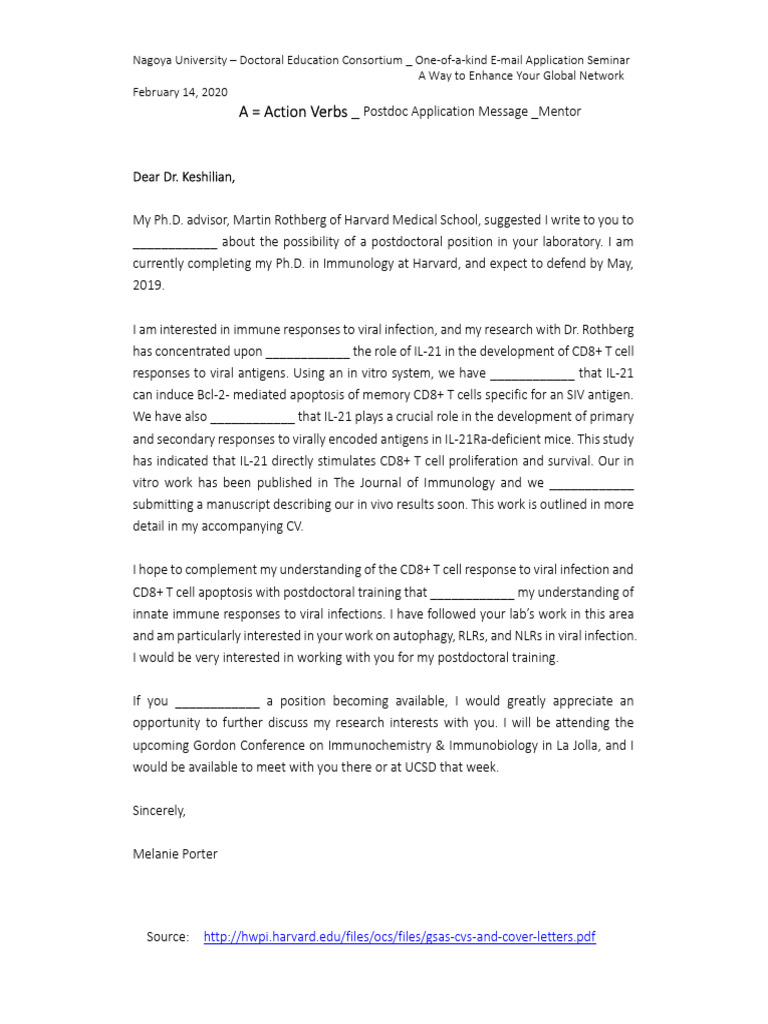 Harvard - Inquiry Email - Postdoc - Mentor - A For Action Verbs - Fill ...