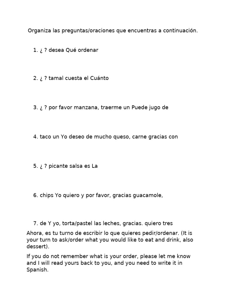 Preguntas para ordenar comida en español | PDF