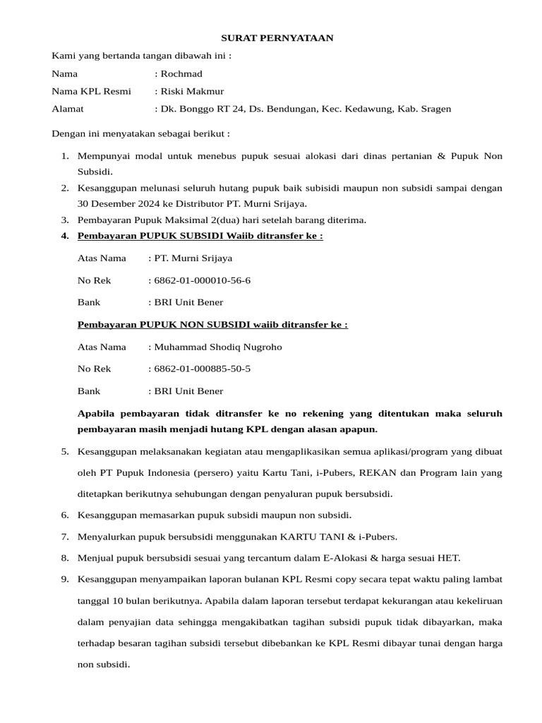 Surat Pernyataan KPL Resmi Pupuk 2024 | PDF | Pengelolaan Keuangan & Uang