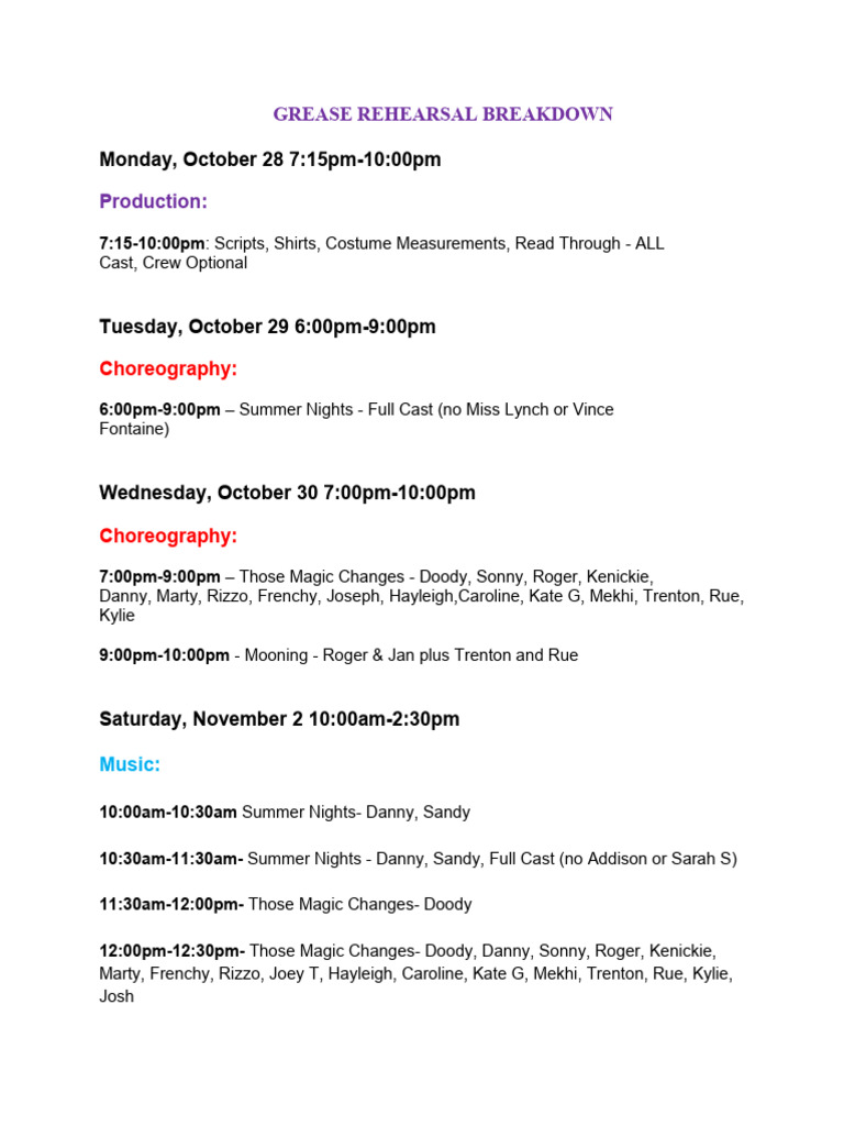 Schedule Master Breakdown Final | PDF | Musical Theatre | Broadway Theatre