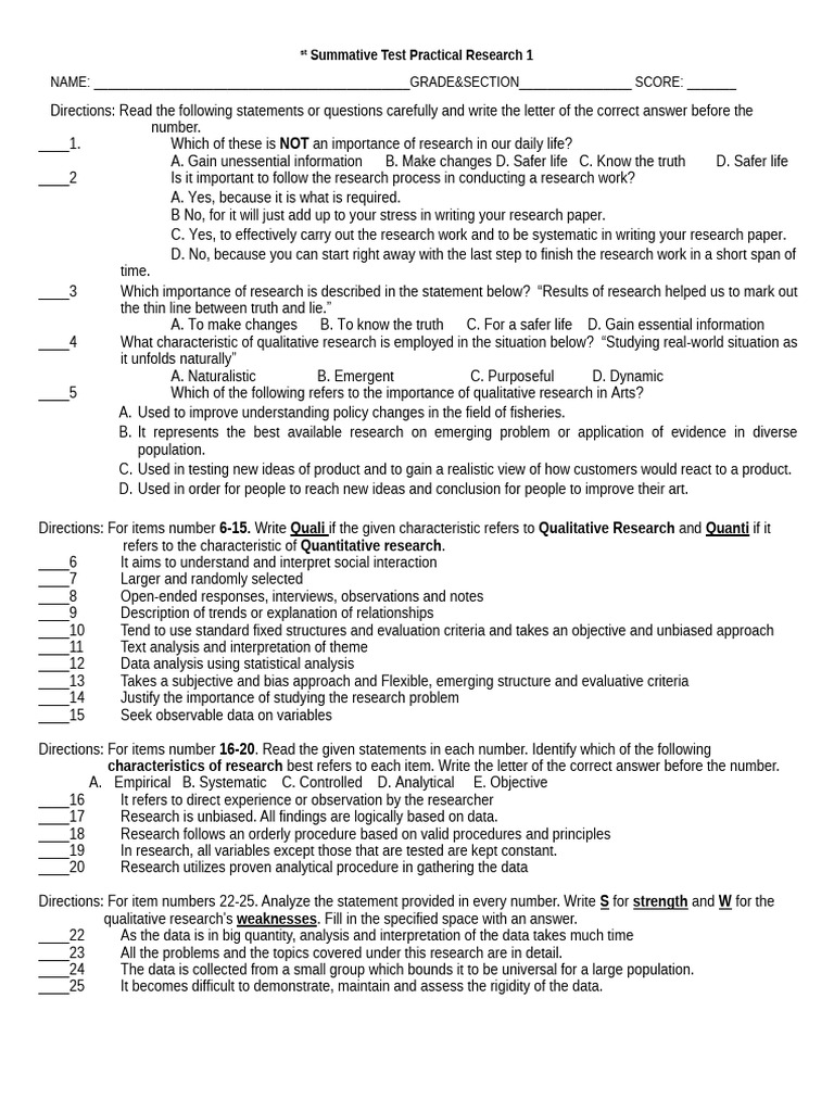 2nd Summative Test Practical Research 1 | PDF | Statistics | Data