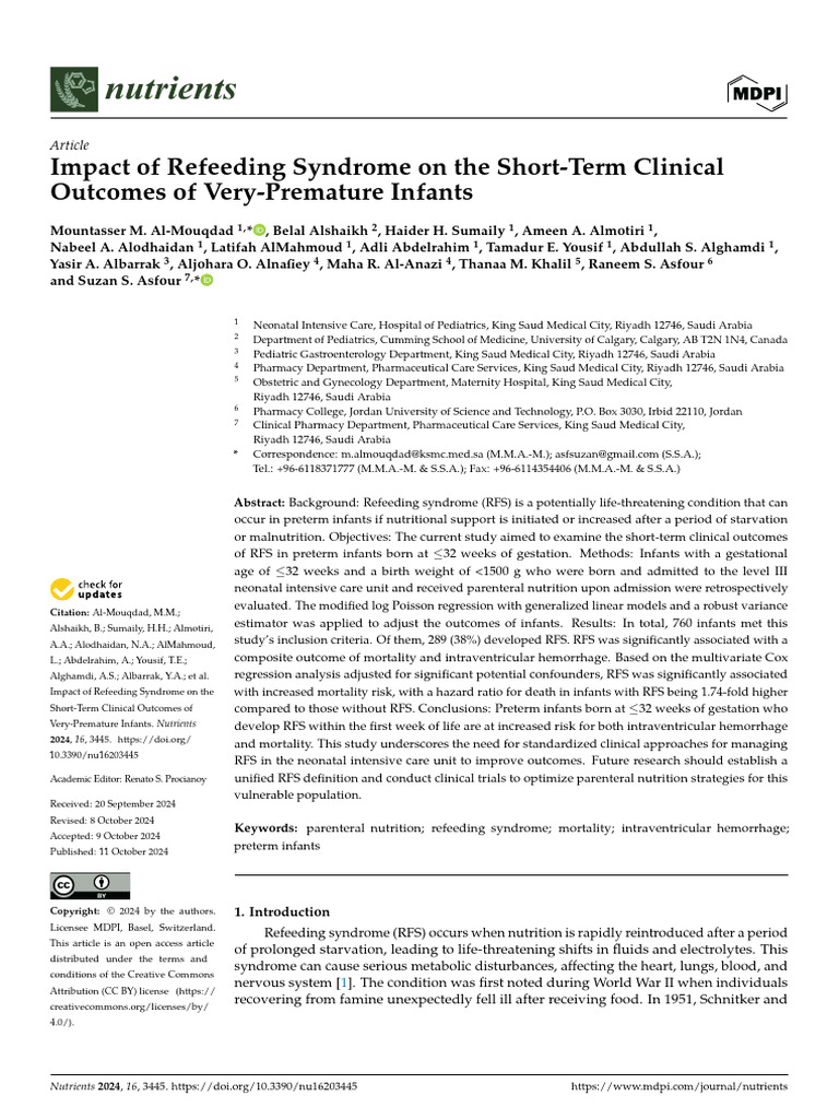 Refeeding Syndrome in Preterm Infants | PDF | Health Care | Clinical ...