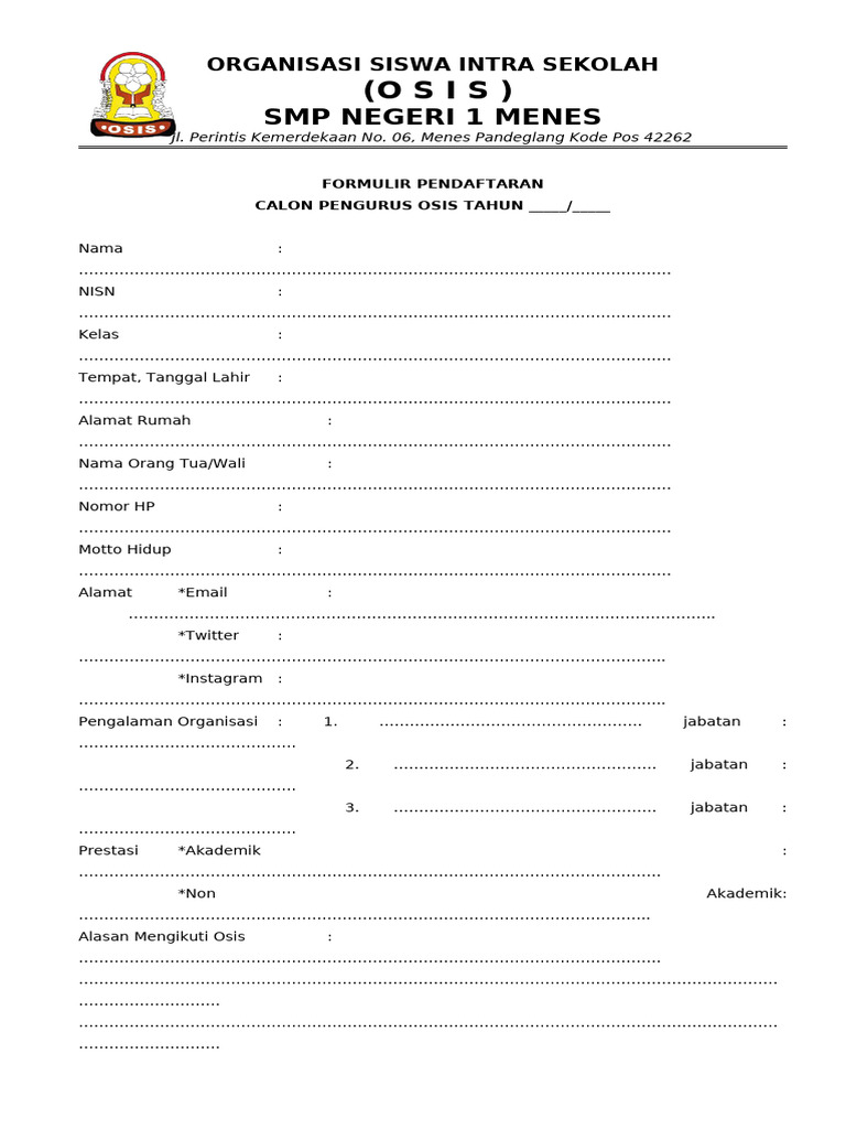 Formulir-Pendaftaran-OSIS-SMPN 1 Menes-2024-2025 | PDF