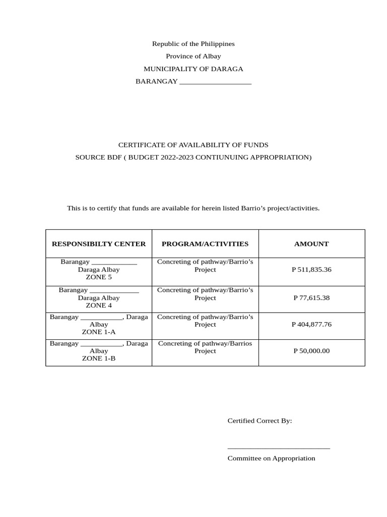 1 Certificate of Availability of Funds | PDF | Finance & Money Management