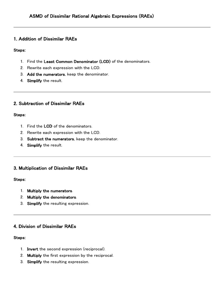 ASMD of Dissimilar Rational Algebraic Expressions | PDF