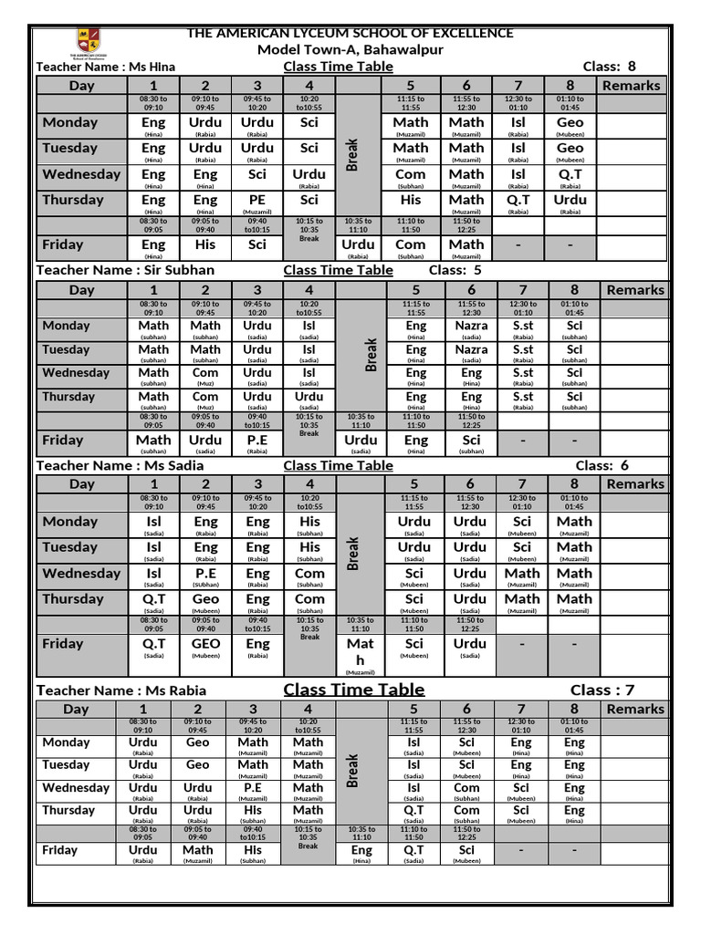 Class Time Table 5 To 8 | PDF