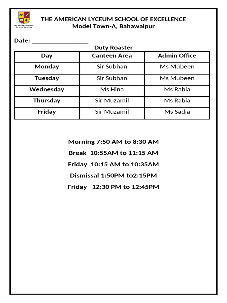 Weekly Duty Roster for Staff | PDF