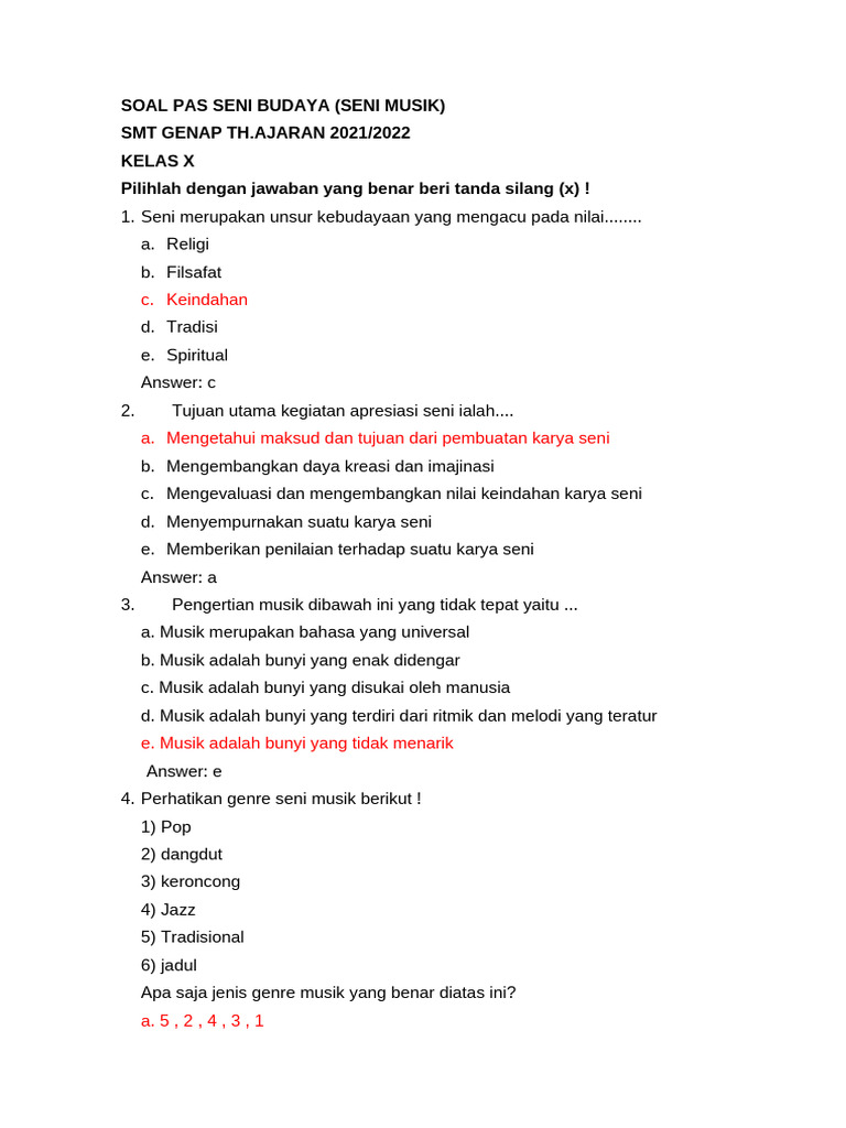 SOAL PAS SENI BUDAYA Genap 21.22 | PDF
