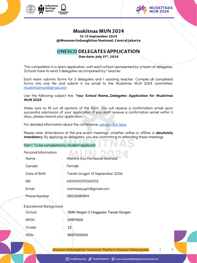 UNESCO Delegates Application - Muskitnas MUN 2024 (Marsha) | PDF ...
