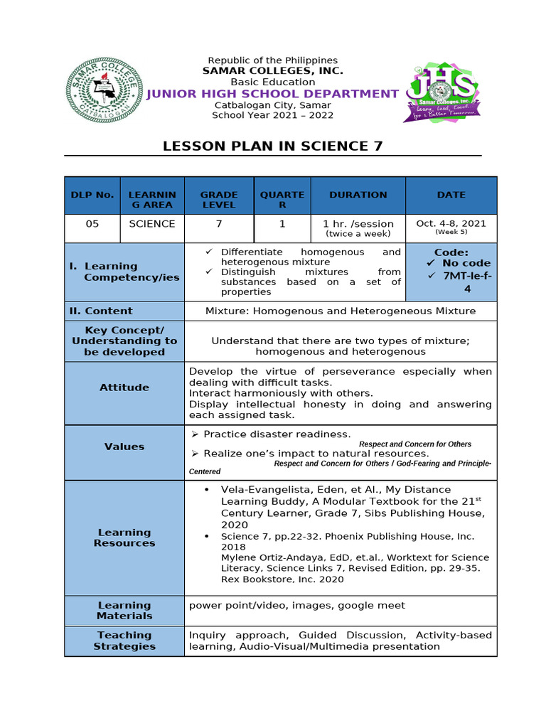 Science 7 Lesson Plan: Mixtures | PDF | Mixture | Chemical Compounds