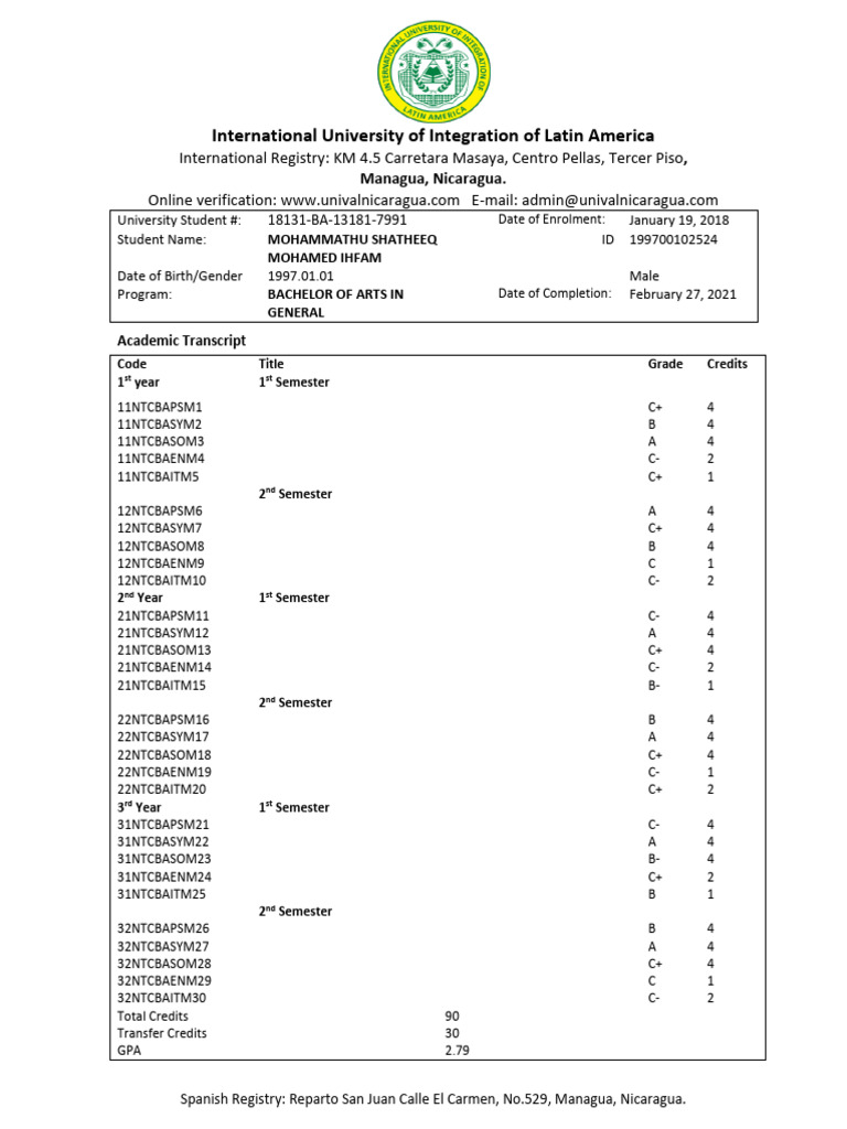 Academic Transcript: Mohamathu Shatheeq | PDF | Liberal Arts Education ...