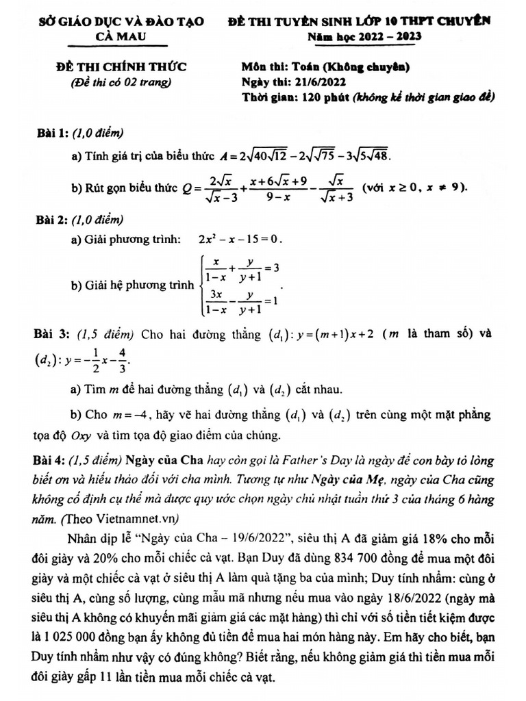 De Tuyen Sinh Lop 10 Chuyen Mon Toan Khong Chuyen Nam 2022 2023 So GDDT CA Mau | PDF