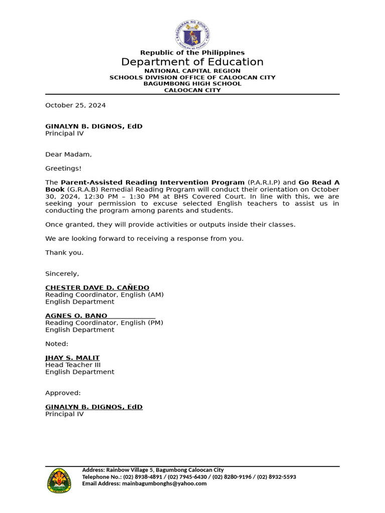 Letter of Request (Selected Teachers To Assist in PARIP and GRAB) | PDF