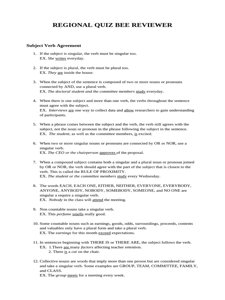 Regional Quiz Bee Reviewer | PDF | Grammatical Number | Clause
