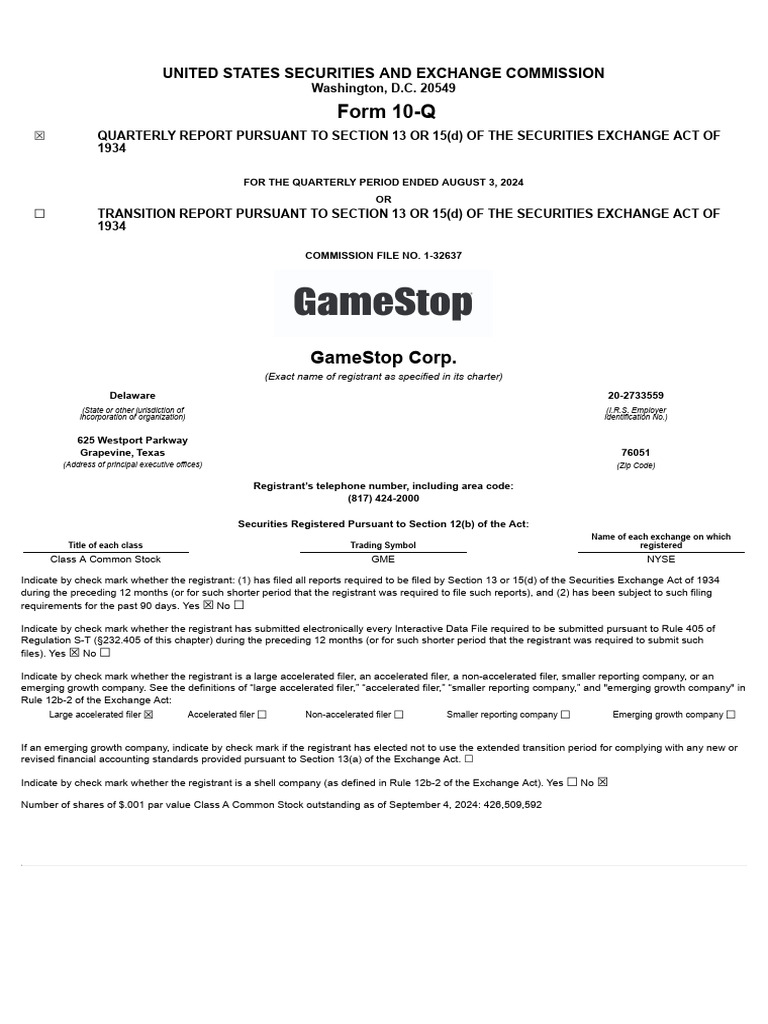 Form 10-Q: Gamestop Corp | PDF | Financial Statement | Equity (Finance)