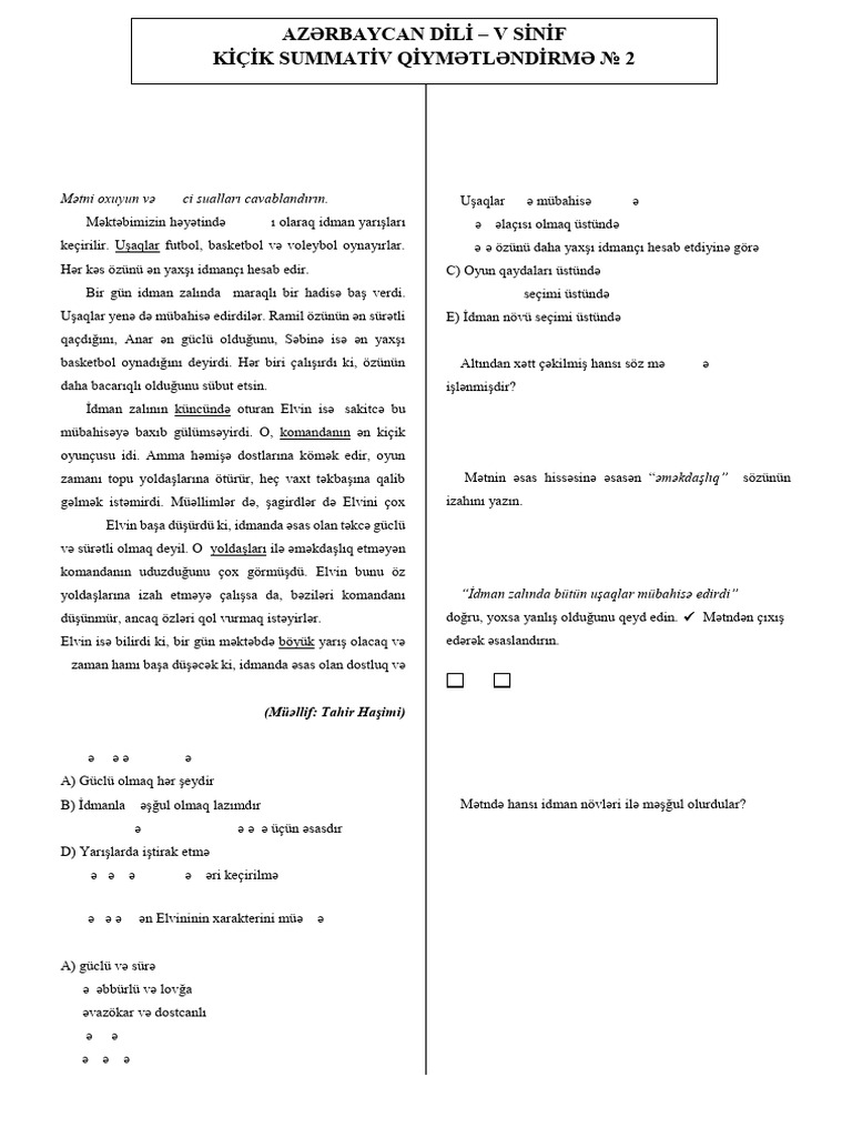 Azərbaycan Dili 5-Ci Sinif KSQ 2 Tahir Haşimi | PDF