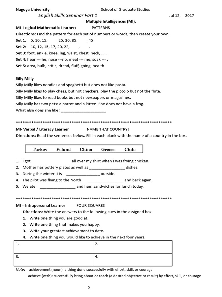 Multiple Intelligences Worksheet | PDF | Language Arts & Discipline ... Multiple Intelligences Worksheet | PDF | Language Arts & Discipline ...