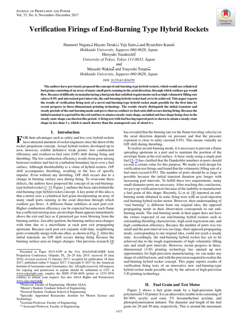 Verification Firings of End-Burning Type Hybrid Rockets | PDF | Rocket Propellant | Combustion