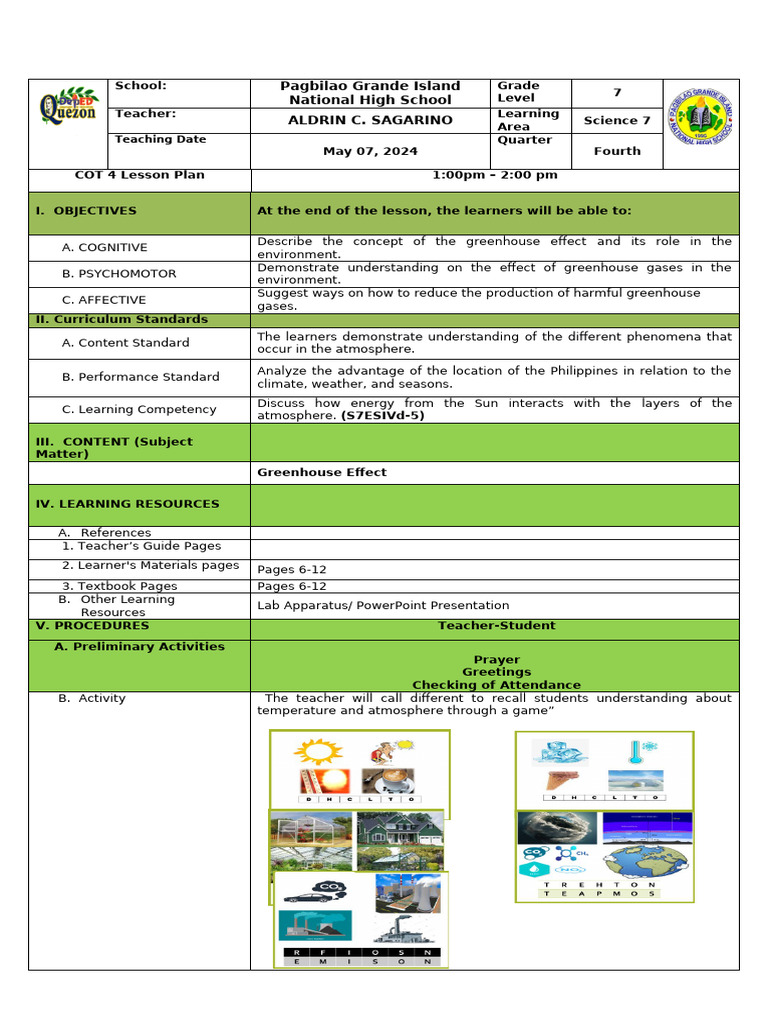 Greenhouse Effect Lesson Plan for Grade 7 | PDF | Greenhouse Effect ...