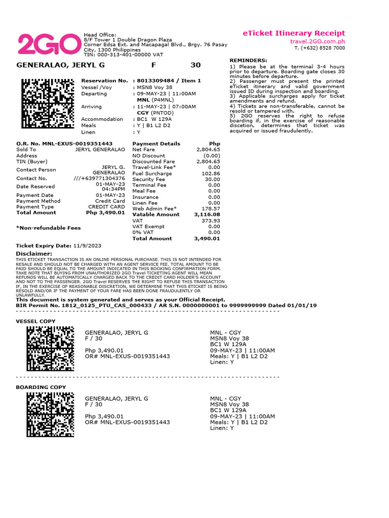 2GO Travel - Itinerary Receipt | PDF | Ticket (Admission) | Value Added Tax