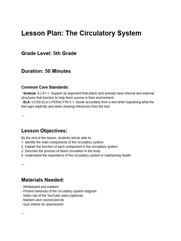 Lesson Plan - The Circulatory System | PDF | Blood | Circulatory System