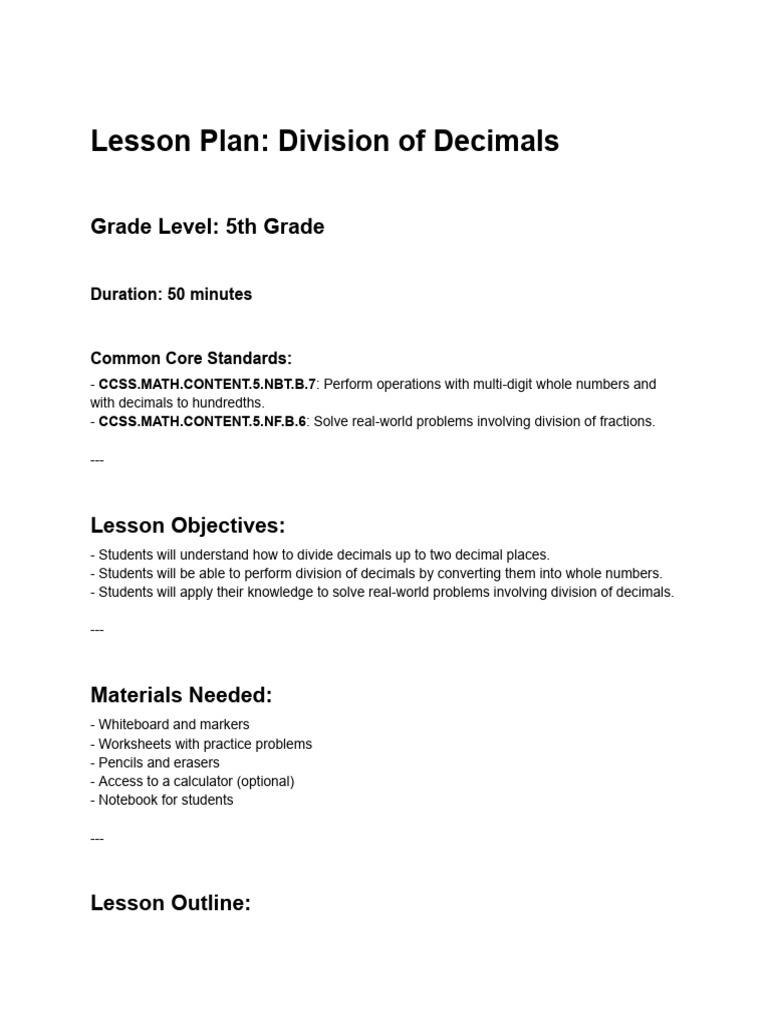 Lesson Plan-DIVISION OF DECIMALS | PDF | Division (Mathematics) | Decimal