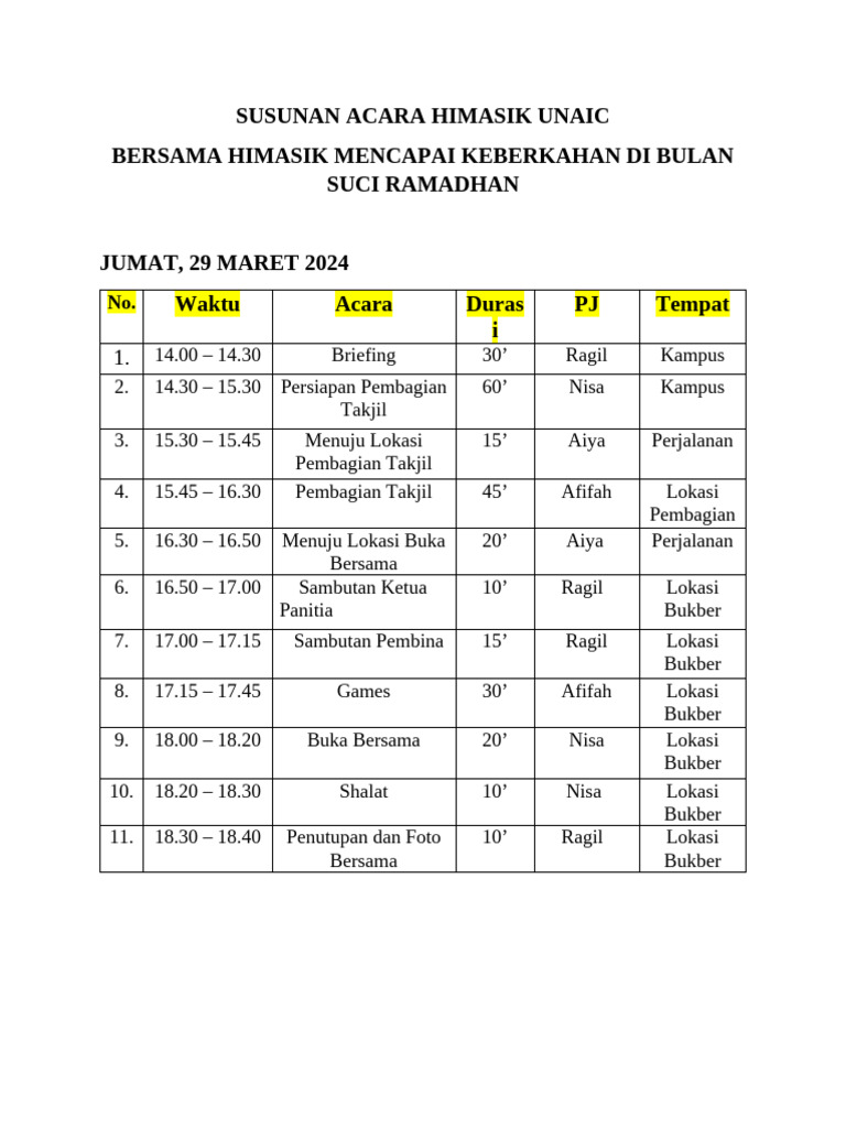 Susunan Acara Bukber Himasik 2024 | PDF