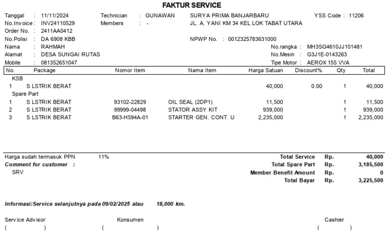 Nota Service Yamaha | PDF
