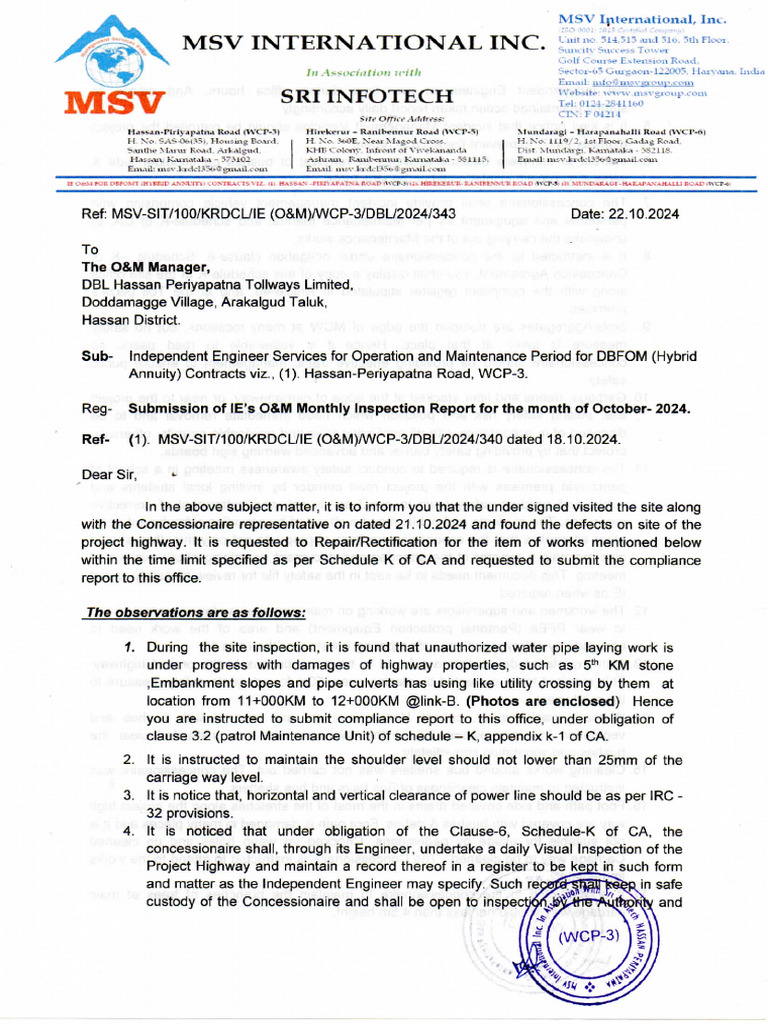 343.submission of IE's O&M Monthly Inspection Report For The Month of ...