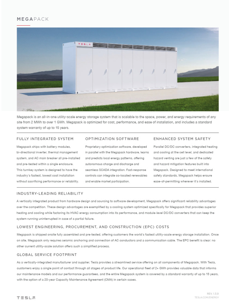 Tesla Megapack Datasheet | PDF | Photovoltaics | Photovoltaic System