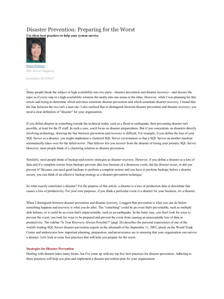 Disaster Prevention | PDF | Backup | Microsoft Sql Server