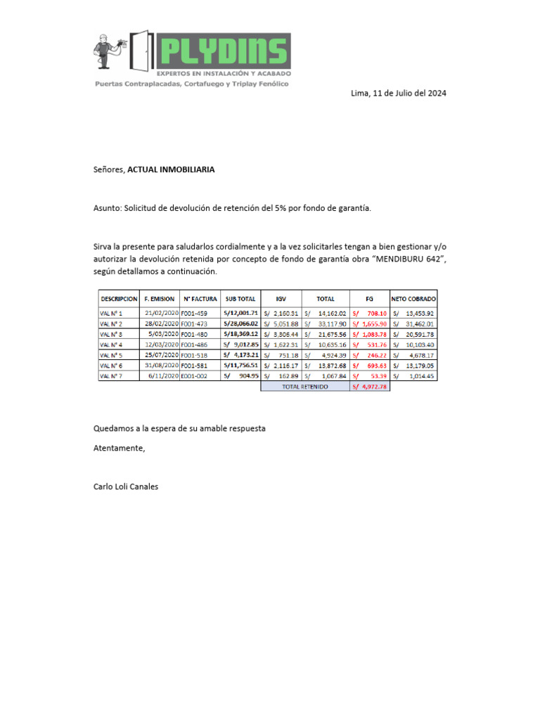 CARTA SOLICITUD FG OBRA MENDIBURU 642 | PDF