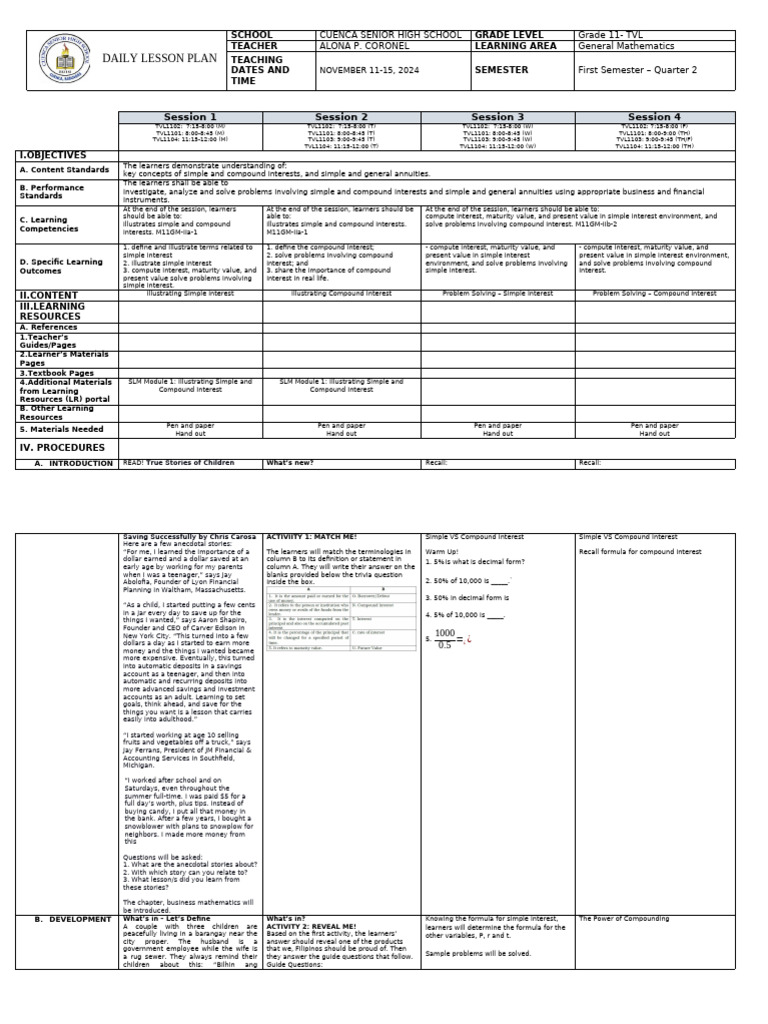 GM DLL Q2 Week 6 Simple Interest and Compund Interest | PDF | Interest | Compound Interest
