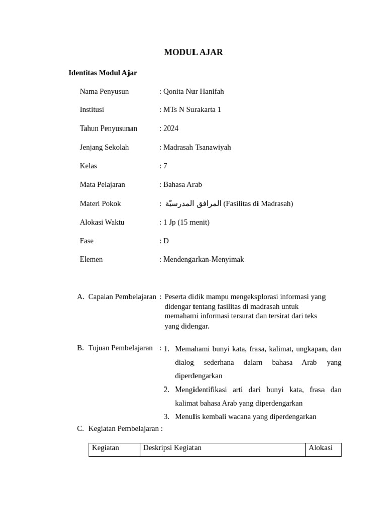 Modul Ajar Bahasa Arab Kelas 7 Pdf