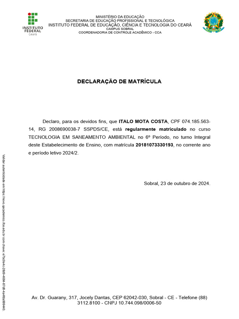 Declaração de Matrícula | PDF
