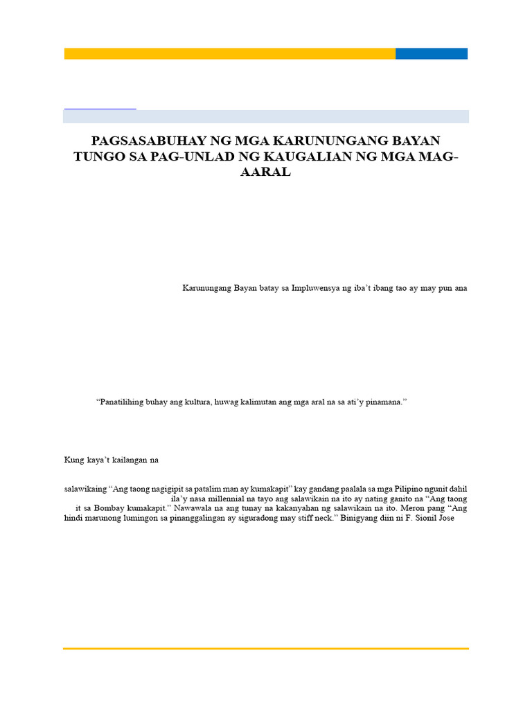 Pagsasabuhay NG Mga Karunungang Bayan Tungo Sa Pag-Unlad NG Kaugalian NG Mga Magaaral | PDF