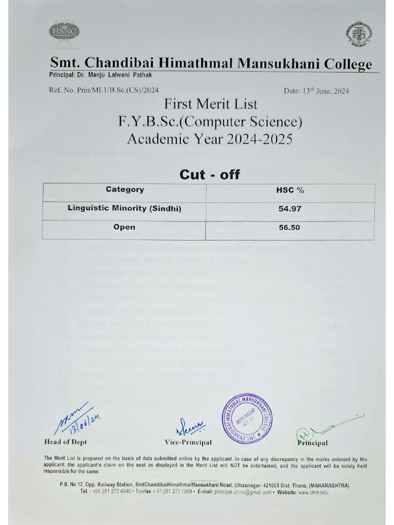 Fy BSC Computer Science First Merit List A.Y 2024 25 | PDF