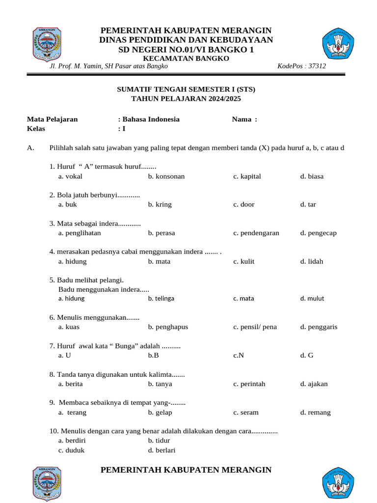 Soal Kelas 1 MTK, B.indo | PDF