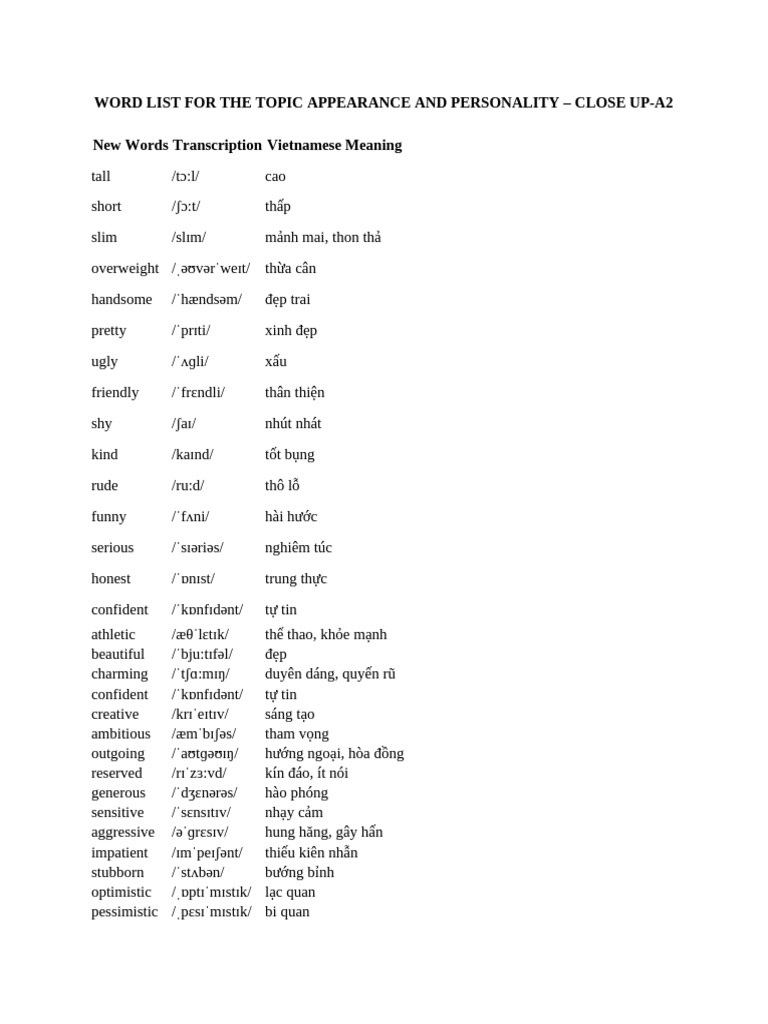 Word List For The Topic Appearance and Personality - Close Up - A2 | PDF