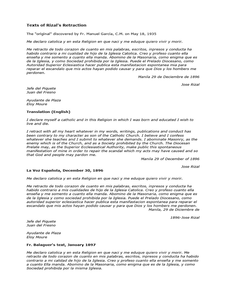 Jose Rizals Retraction | PDF